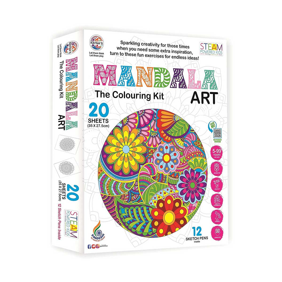 RATNA's Mandala Art The Colouring Kit | Pack of 20 Sheets x 12 Sketch Pens