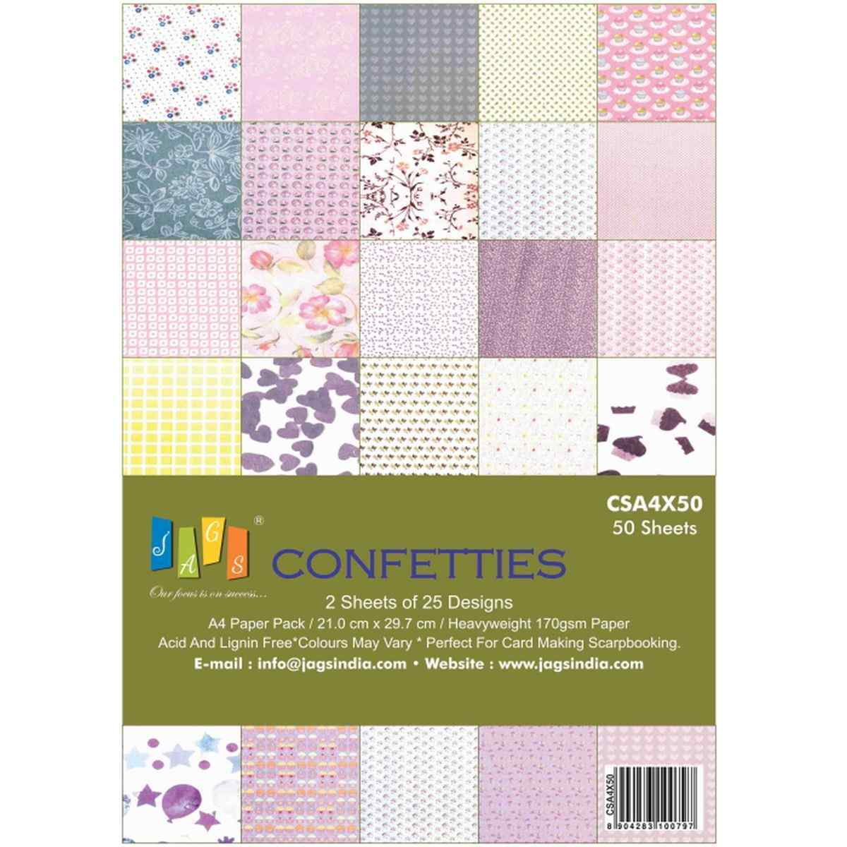 JAGS Printed Design Paper A4 25 Designs 50 Sheets 160 gsm - Confettis