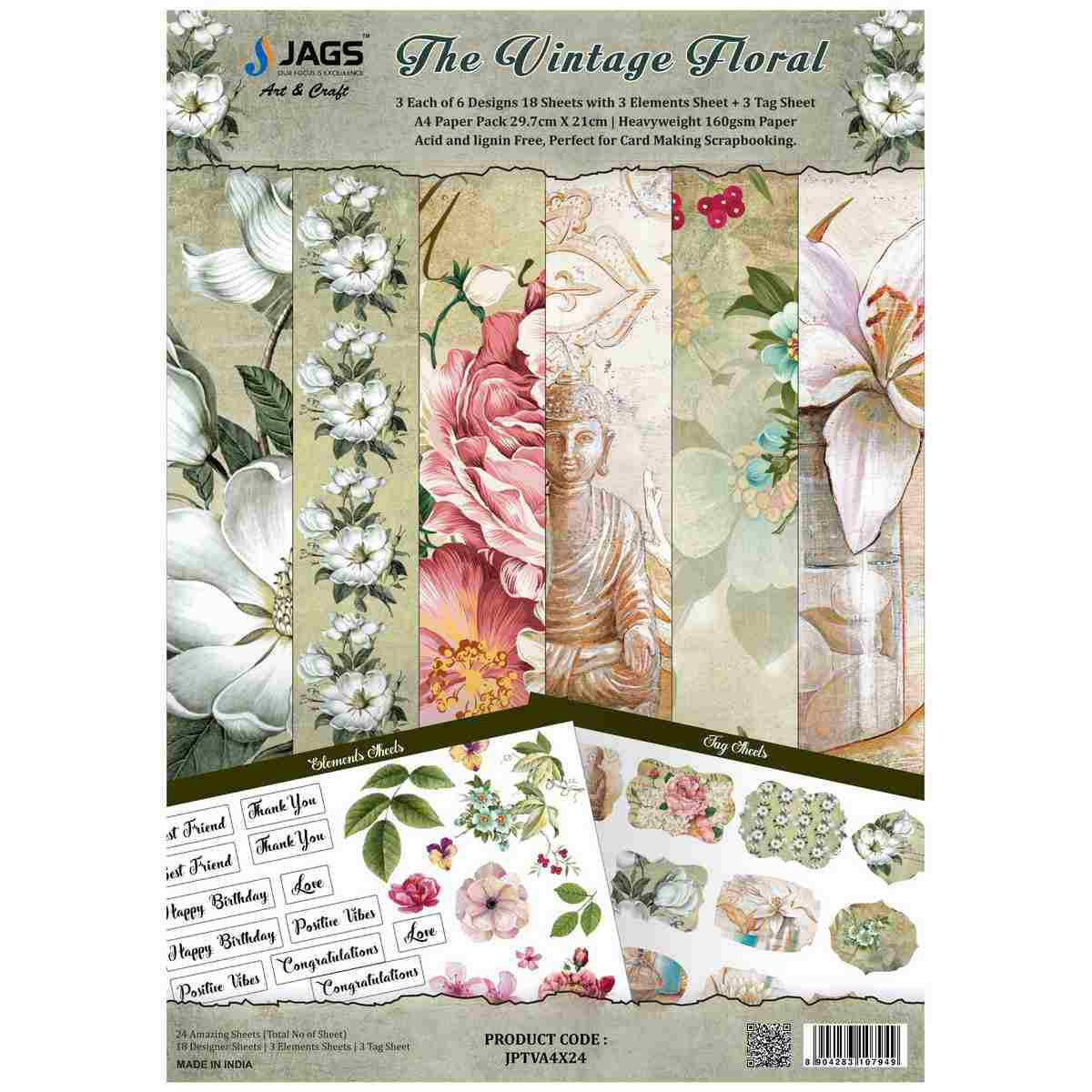 JAGS Printed Design Paper A4 6 Designs 24 Sheets 190 Gsm Vintage Floral