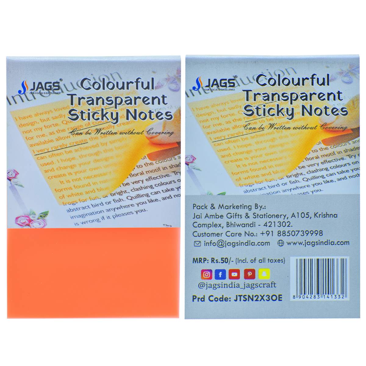 JAGS Colorful Transparent Sticky Notes | Pack of 50 Sheets | 2x3 Inch ...